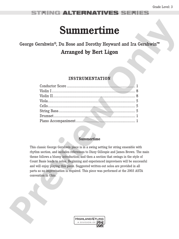 Summertime (Grade 3) - String Orchestra Conductor Score & Parts (Digit