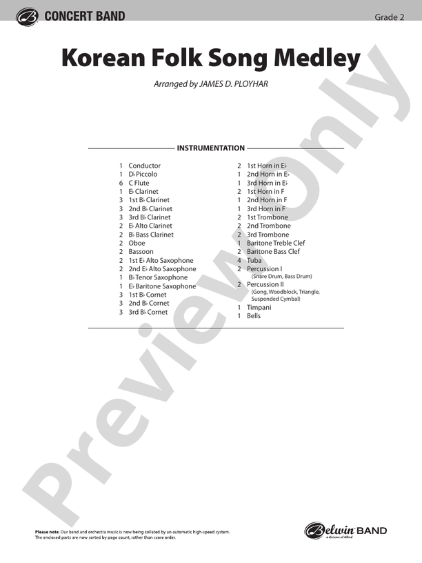 Korean Folk Song Medley - Concert Band Conductor Score & Parts (Digita