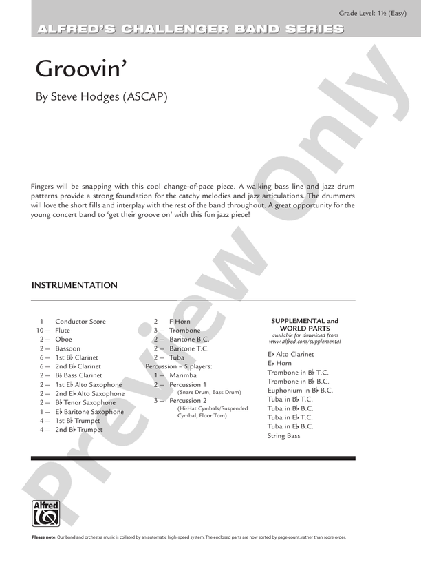 Groovin' - Concert Band Conductor Score & Parts (Digital Download)