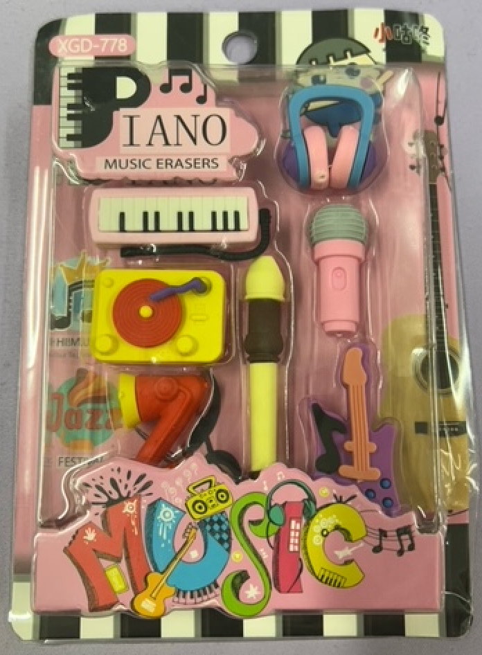 Box of Colourful Music Themed Erasers Pink Backing