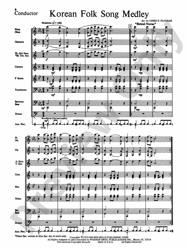 Korean Folk Song Medley - Concert Band Conductor Score & Parts (Digita