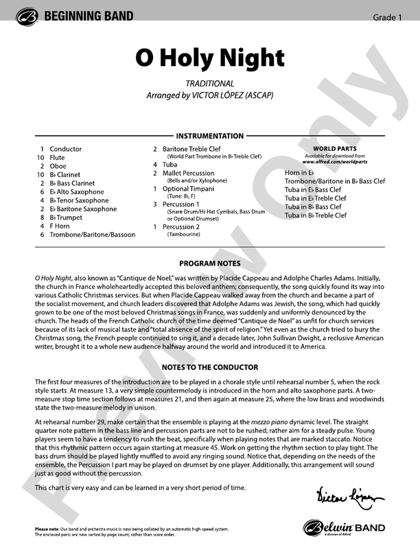 O Holy Night (Arr. Victor Lopez) - Concert Band Conductor Score & Part