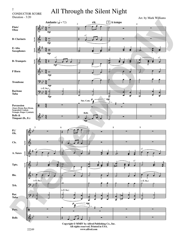 All Through the Silent Night - Concert Band Conductor Score & Parts (D