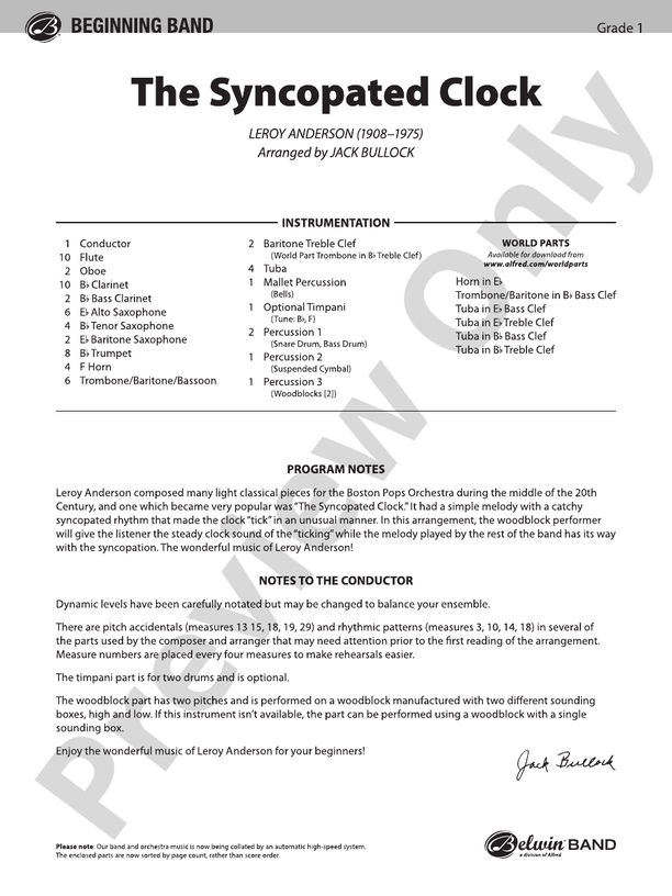 The Syncopated Clock (Grade 1) - Concert Band Conductor Score & Parts